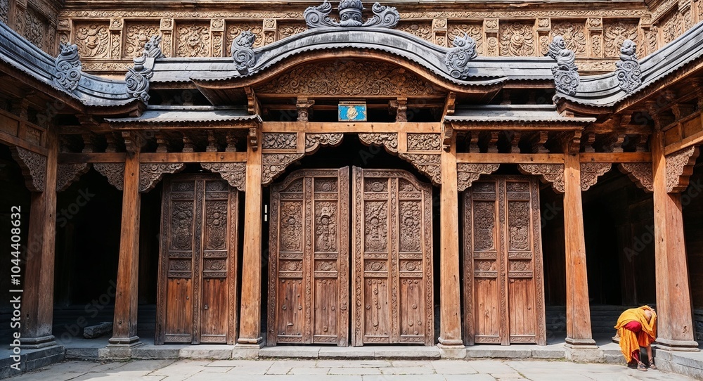 Ornate wooden gates welcoming visitors to a historic site background ...
