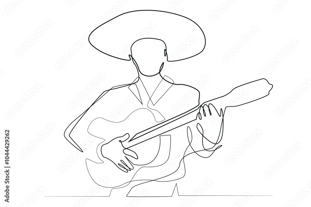 continuous line mexican man in mariachi outfit playing guitar.one line ...