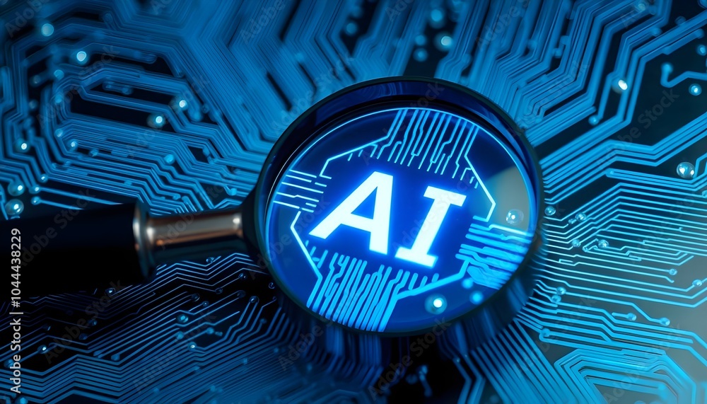 Hand with a magnifying glass zooming in AI on a circuit board ...