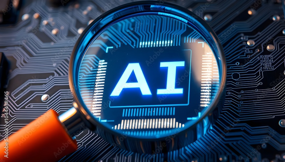 Hand with a magnifying glass zooming in AI on a circuit board ...