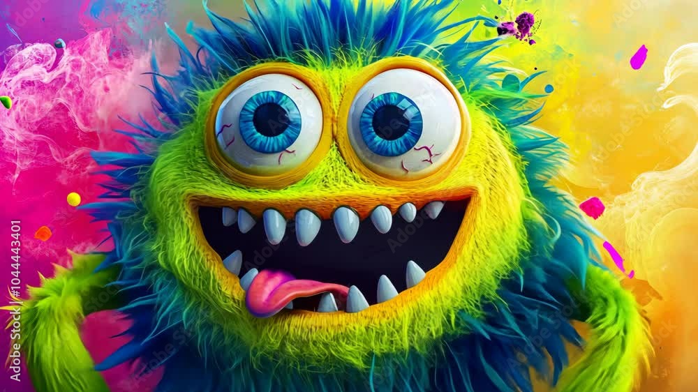 A colorful, furry monster with big eyes grins widely, revealing a ...