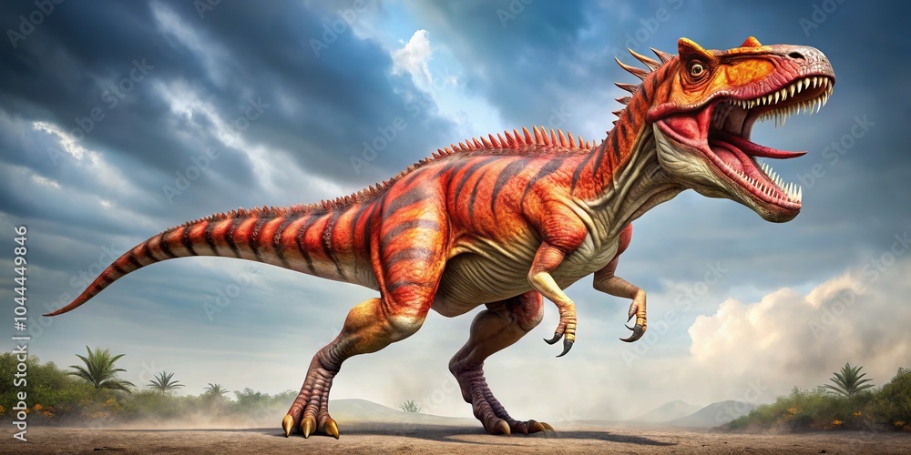 With a fierce growl, a red and beige striped Ceratosaurus displays its ...