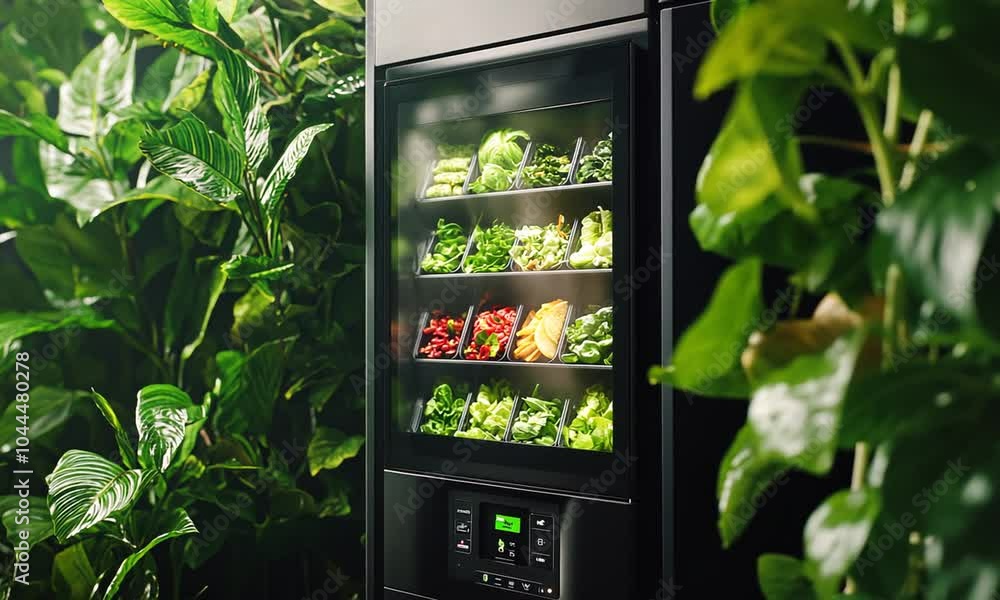 A modern vending machine filled with fresh vegetables and greens in a ...