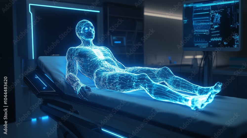 futuristic full-body scan, patient on examination table, cyberpunk ...