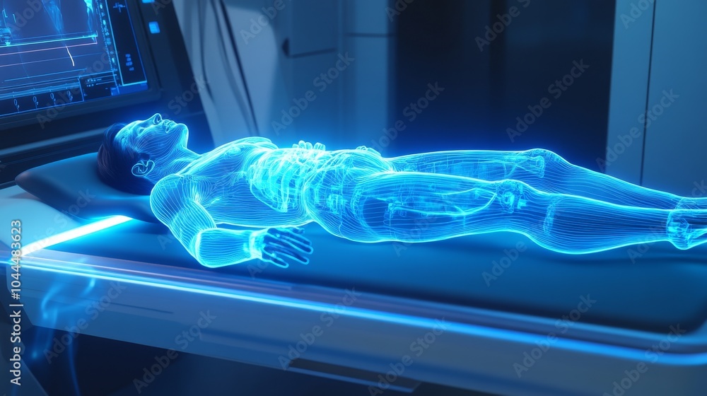 futuristic full-body scan, patient on examination table, cyberpunk ...