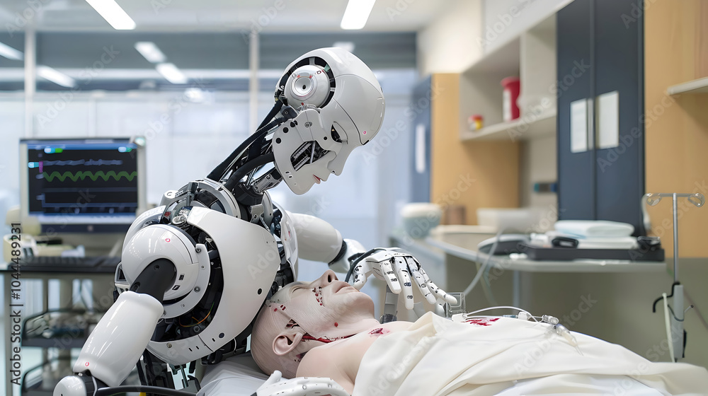 Robotic surgery and medical robotics concept. AI robot performs complex ...