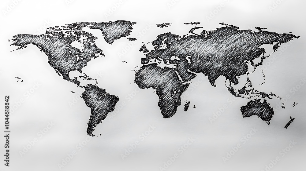 World Map Sketch: Hand-drawn world map in pencil, detailed continents ...