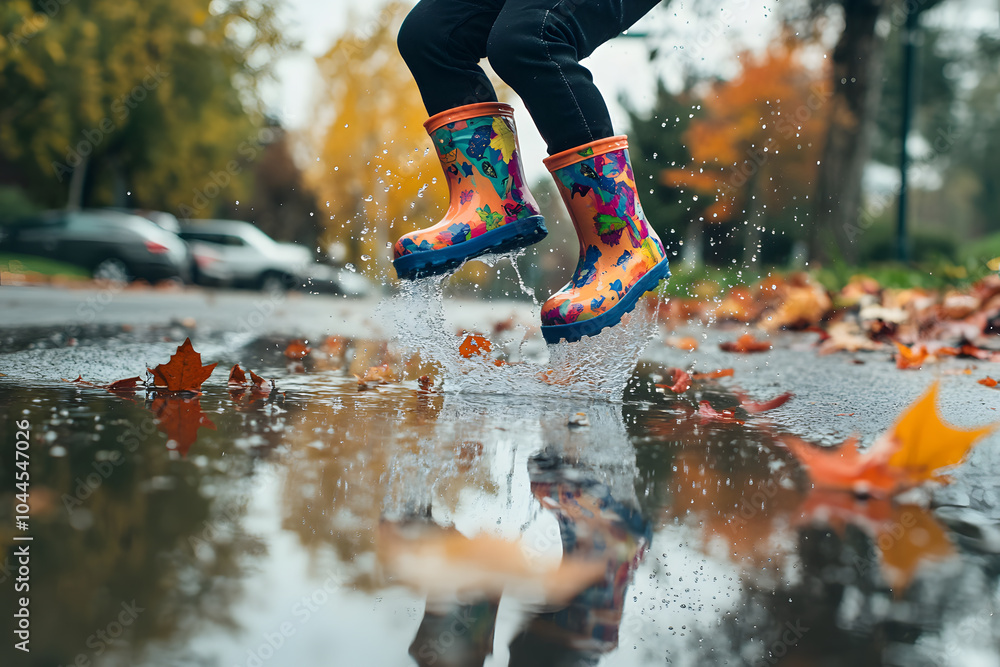 Child jumping into a puddle with colorful rain boots, capturing the fun ...