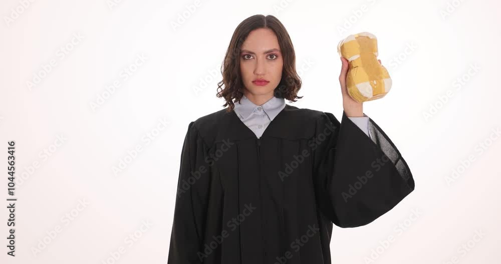 Female judge holds handcuffs and narcotics pack on white background ...