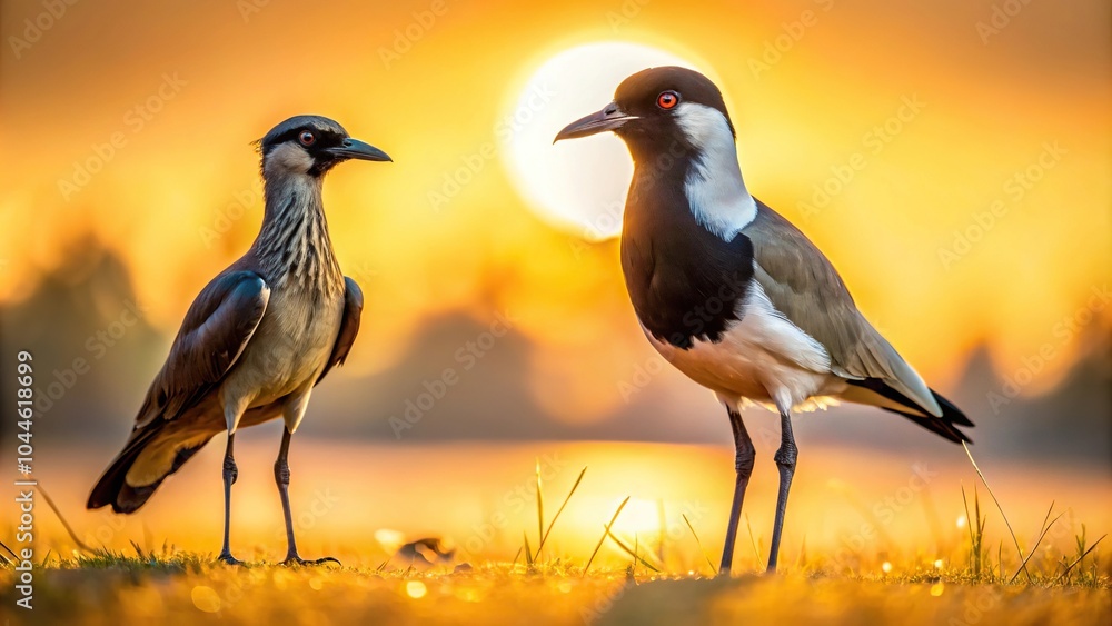 Silhouette of a European hooded crow and an African spur-winged lapwing ...