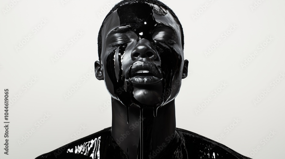 Dramatic image of a person with black oil dripping down their face ...