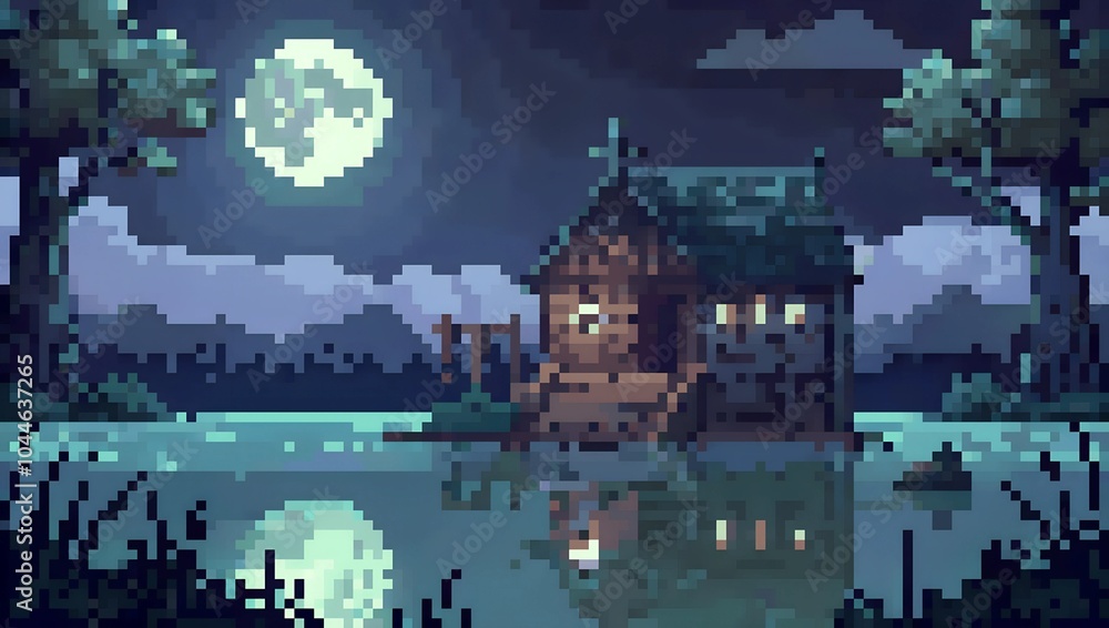 Mysterious cabin by swamp at night with full moon pixel art background ...