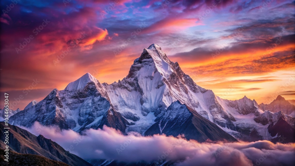 A stunning view of Ama Dablam peak with a purple sunset backdrop in the ...