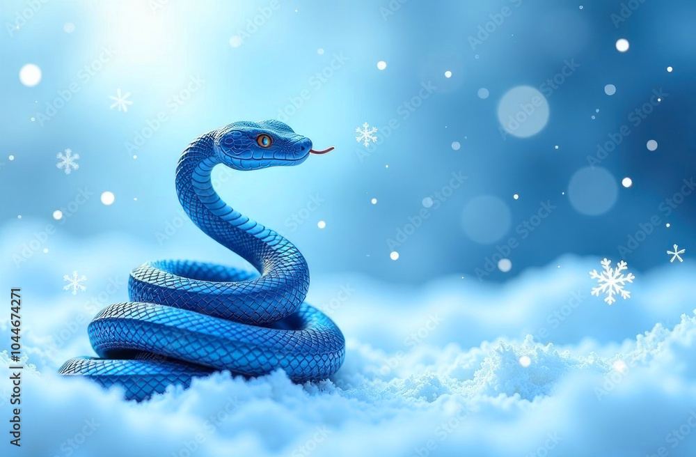 Coiled white snake in a snowy landscape, its tongue flicking out ...