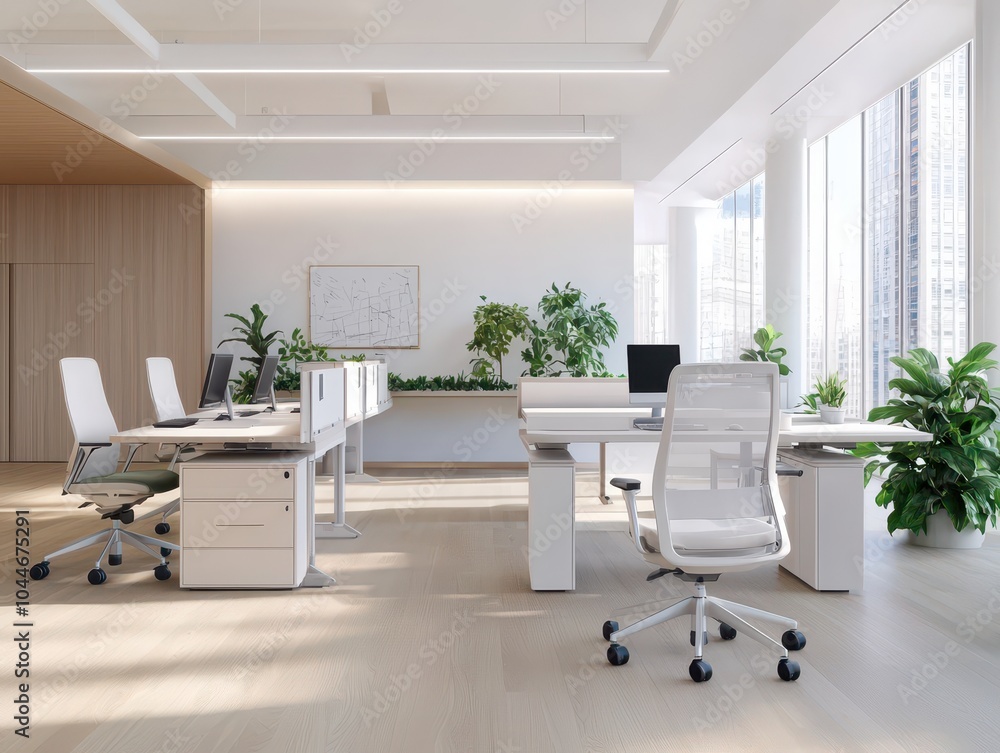 Bright and inviting office space featuring ergonomic open desks for a ...