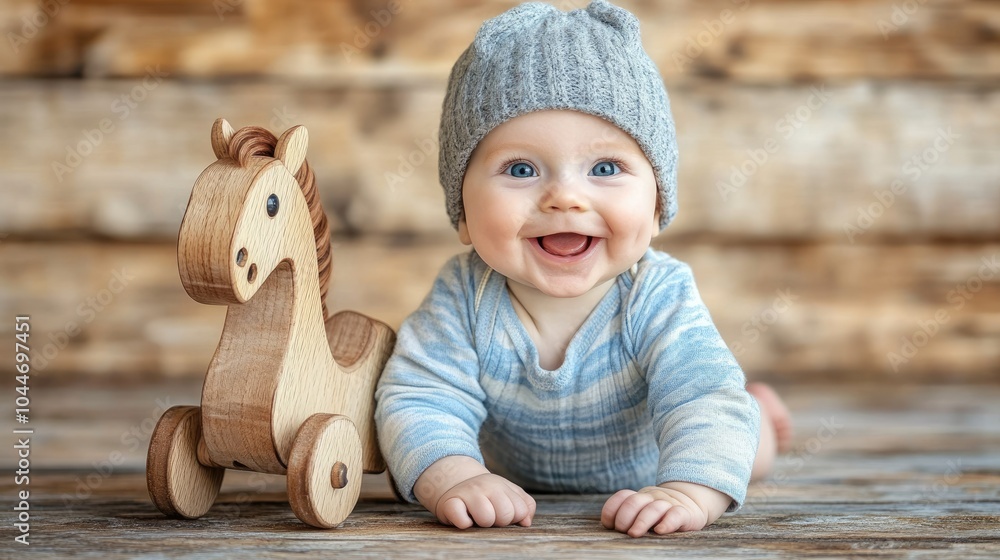 A happy baby crawling with a wide smile toward a beautifully crafted ...