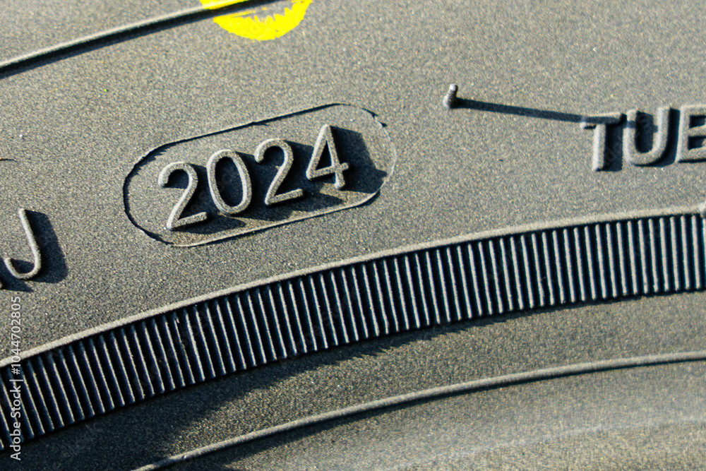 Side view of tire with designation that specify of week and year of ...