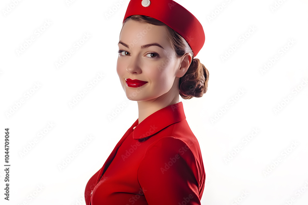 Beautiful female stewardess in red costume portrait isolated on white ...