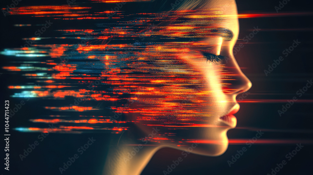 This image shows a digital woman's side profile, depicting data flowing ...