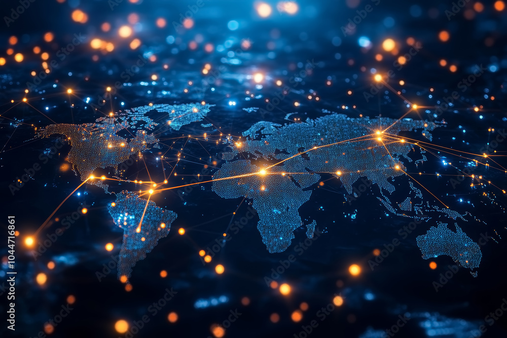 Dark blue world map with glowing dots and connecting lines. Global ...