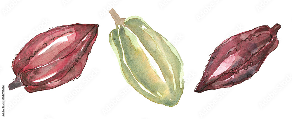 Set of three cocoa tree fruits. Ripe cocoa beans of brown color and one ...