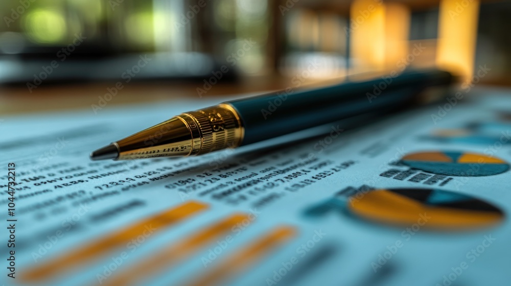 A blue pen lays on a financial report with pie charts, highlighting the ...