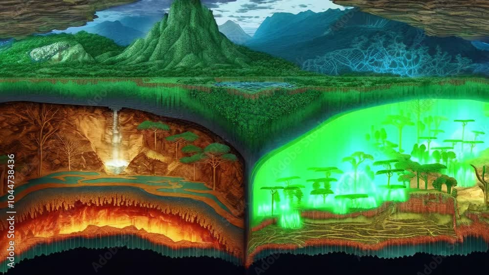 science fiction underground prehistoric world with valleys and jugles ...