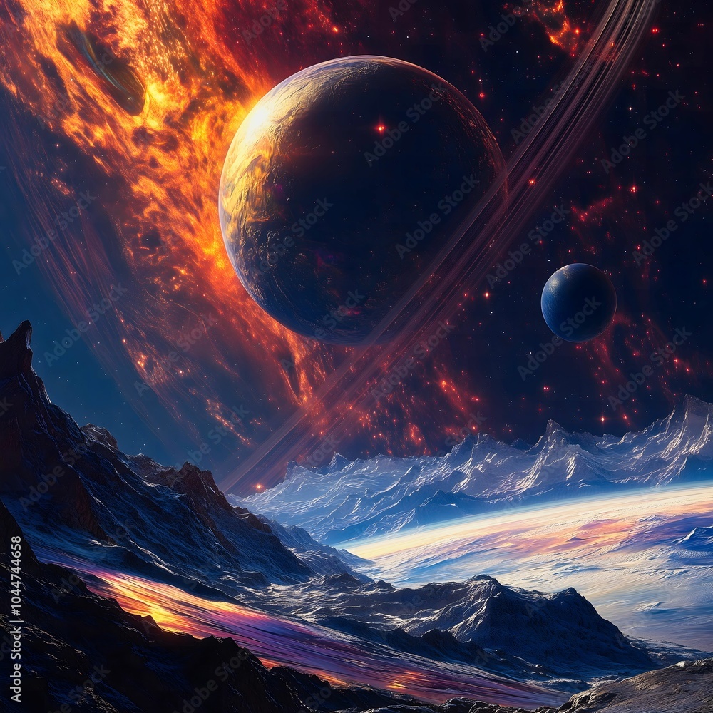 Rocky Alien Landscape with Blue Planet with rings and Nebula in Deep ...