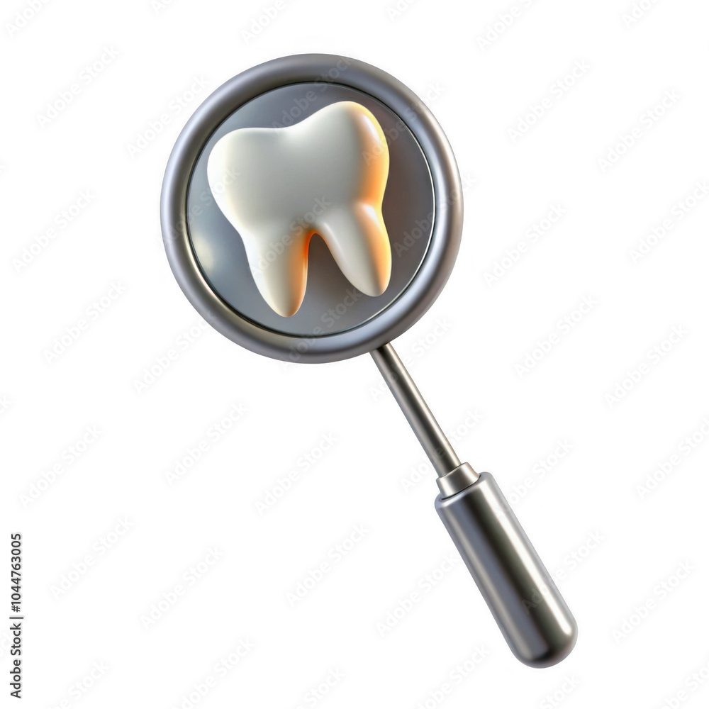 A 3D rendered icon of a tooth magnified through a metal magnifying ...