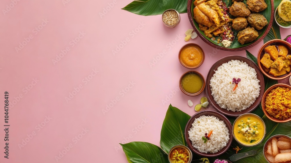 Sadhya rice served with traditional Onam dishes on a soft pink backdrop ...