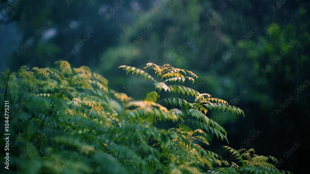 Heavy rain falling on leaves of a neem tree during monsoon season in ...