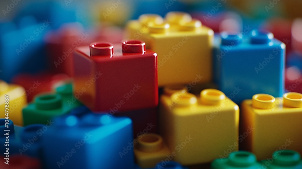 2410 58.Detailed shot of colorful building blocks, each piece fitting ...