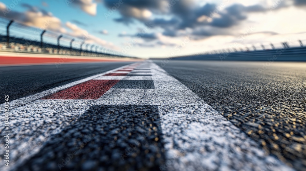 Low angle side view of an empty asphalt racetrack featuring a start and ...