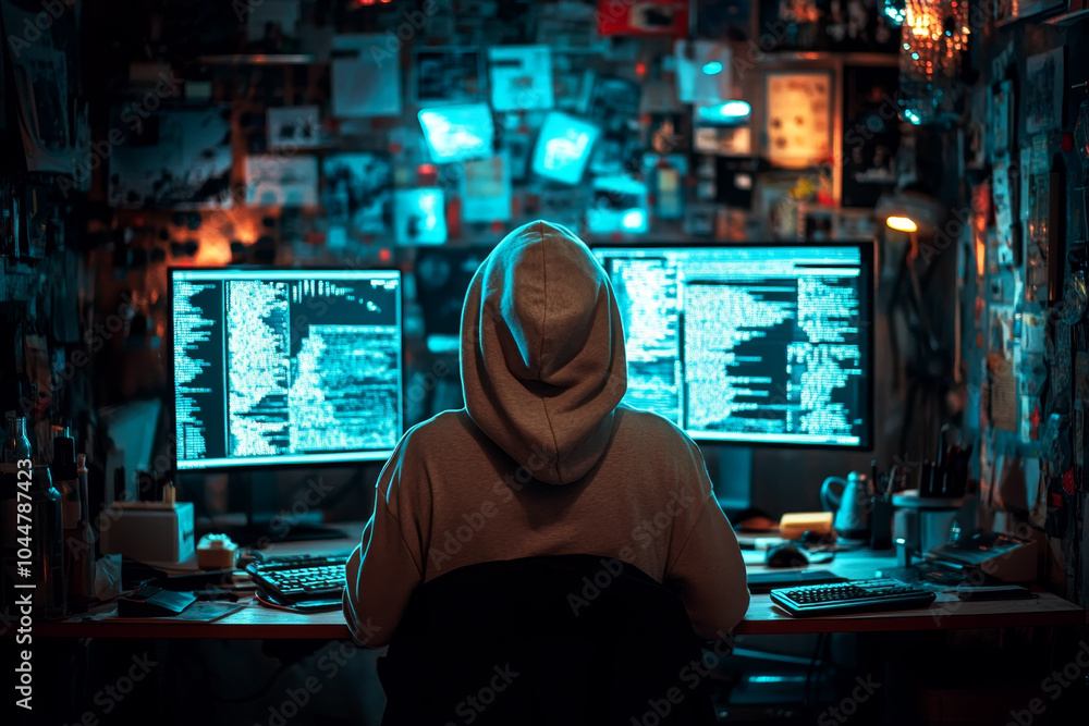 Hacker in Dark Hooded Outfit Using Laptop in a Cybersecurity Breach ...