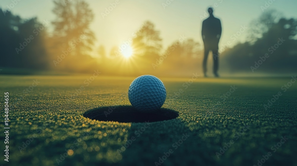Golf ball poised at the edge of the hole, double exposure golfer's ...