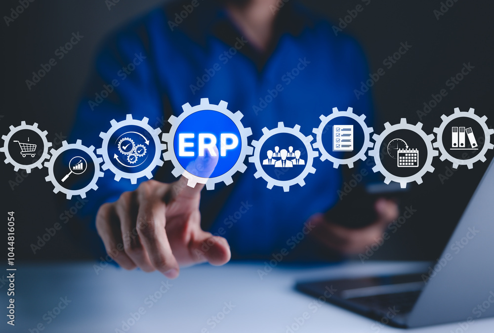 ERP - Enterprise Resource Planning Concept. Digital interface of ERP icons for business ...
