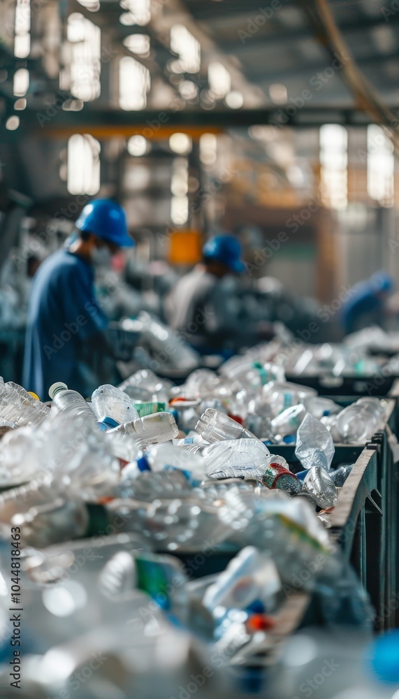 Workers at a plastic recycling facility sorting and processing for a ...