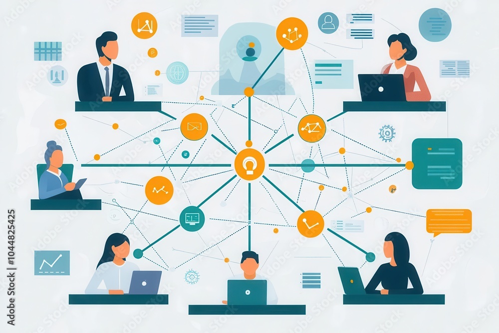 B2B strategic collaboration, flat design, top view, interconnected ...