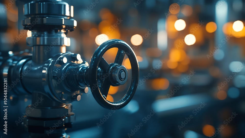 A close-up view of a polished valve wheel in an industrial setting ...