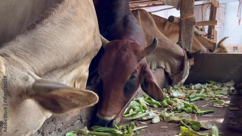 cows feeding on chopped vegetables and greens in a rural farm setting ...