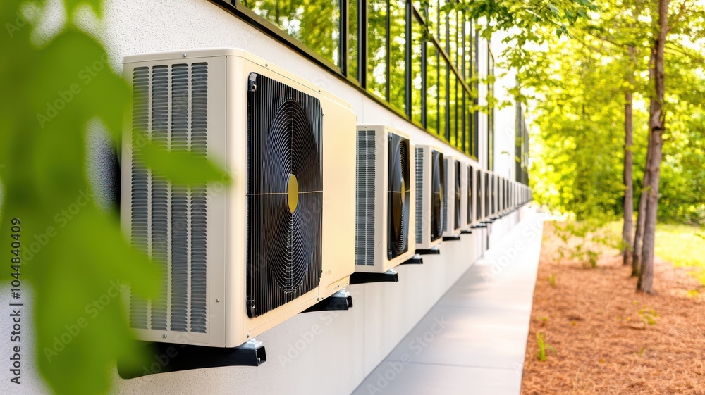 A row of modern air conditioning units installed on a building's ...