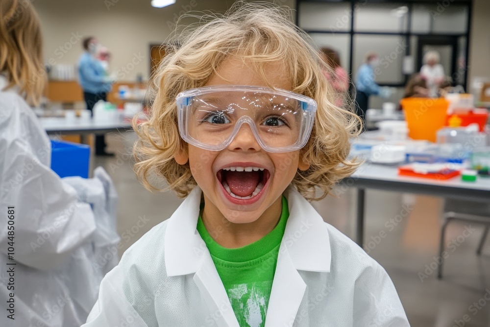 Young child wearing a lab coat and goggles is smiling and laughing. The ...
