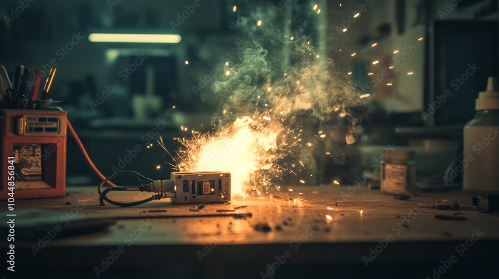 2410 72.Flames and smoke erupting from a power plug on a cluttered ...