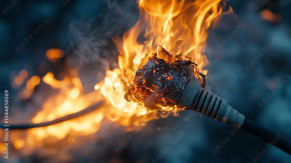 2410 57.A close-up of a burning electrical cable connected to a socket ...