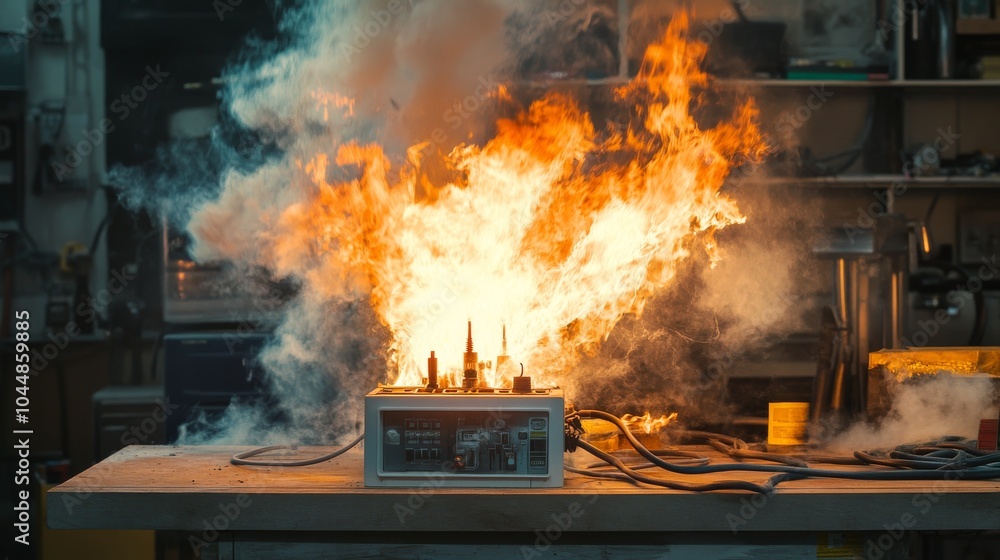 2410 74.Flames erupt from a power plug on a workbench, with smoke ...
