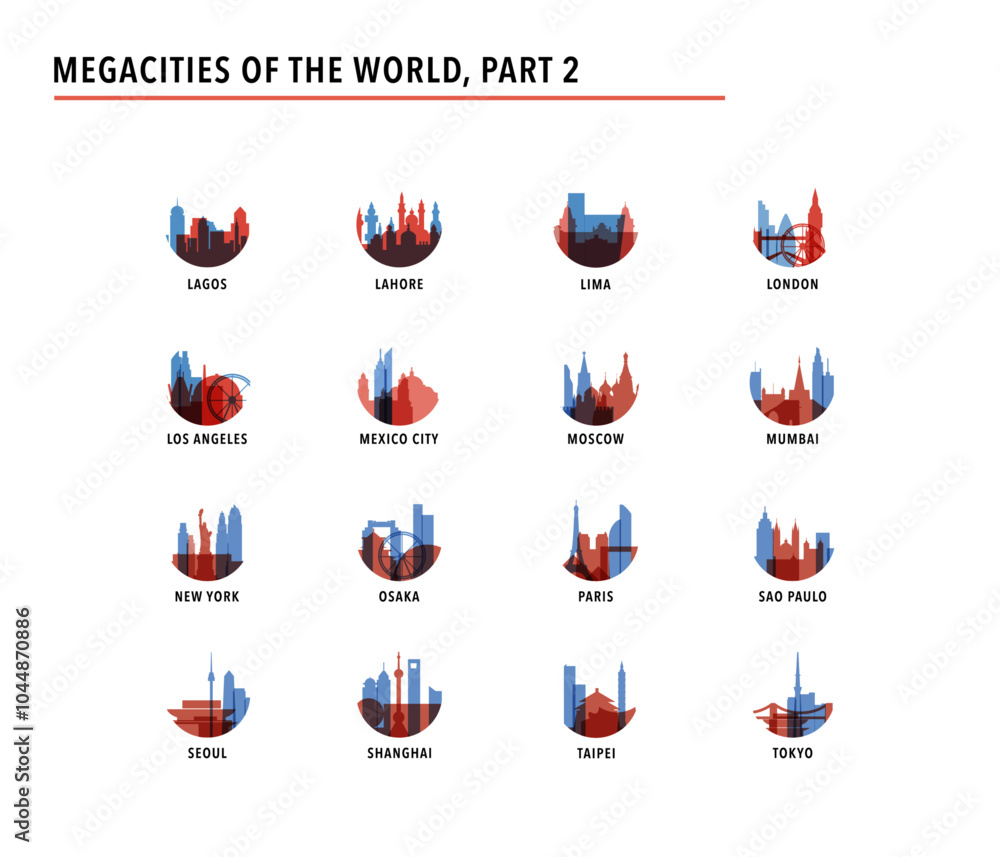 Collection of megacities logos, icons for infographics, index ...