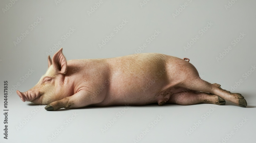 A side view of a pig lying down peacefully on a white background ...