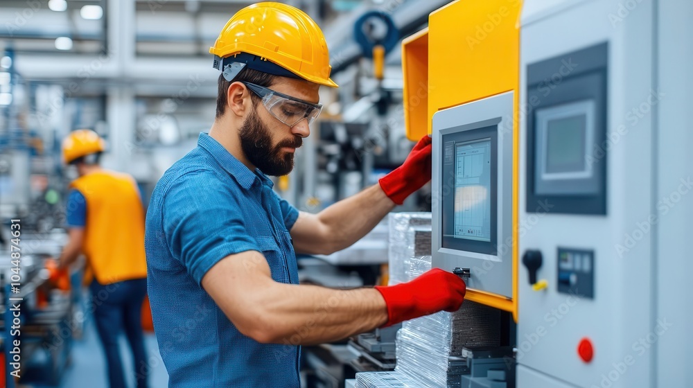 Workers adjusting machinery and organizing materials in a busy factory ...