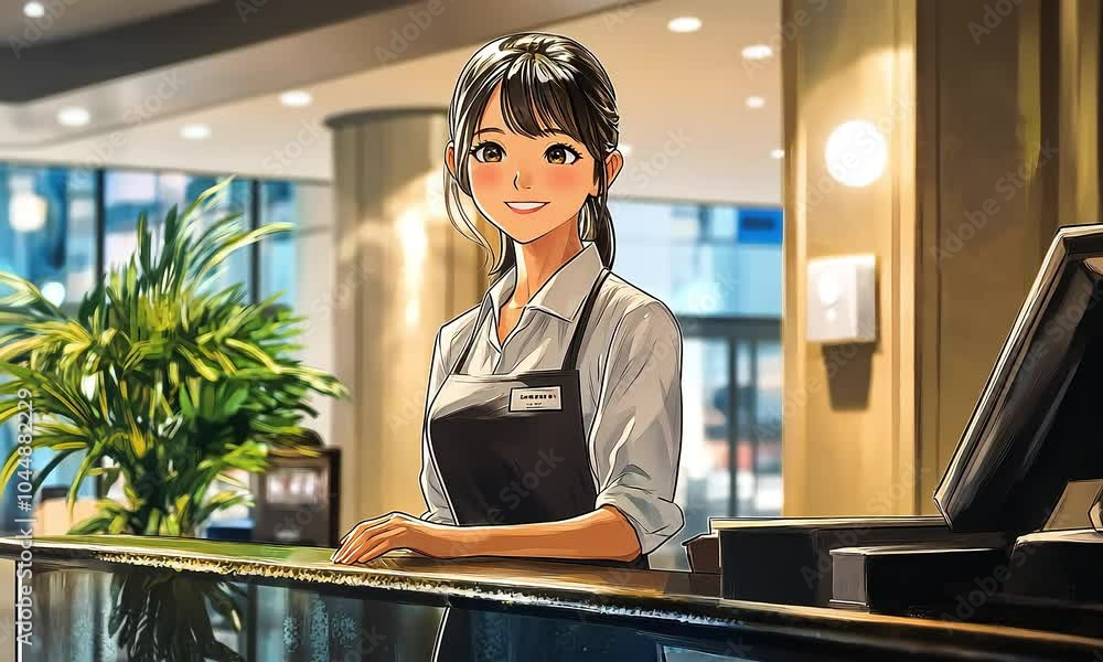 Smiling receptionist at hotel front desk illustration cartoon with ai ...