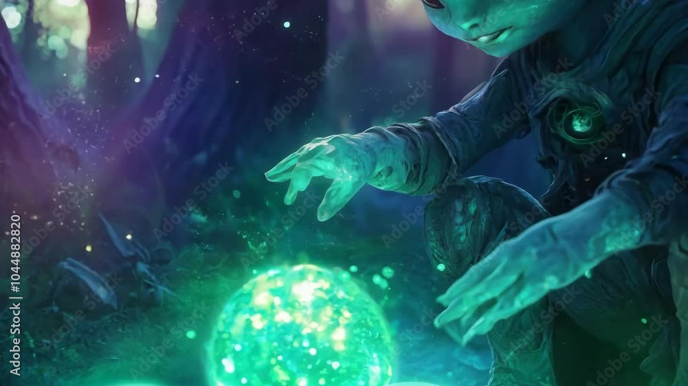 Aqua skinned alien with single antenna and webbed feet interacting with ...